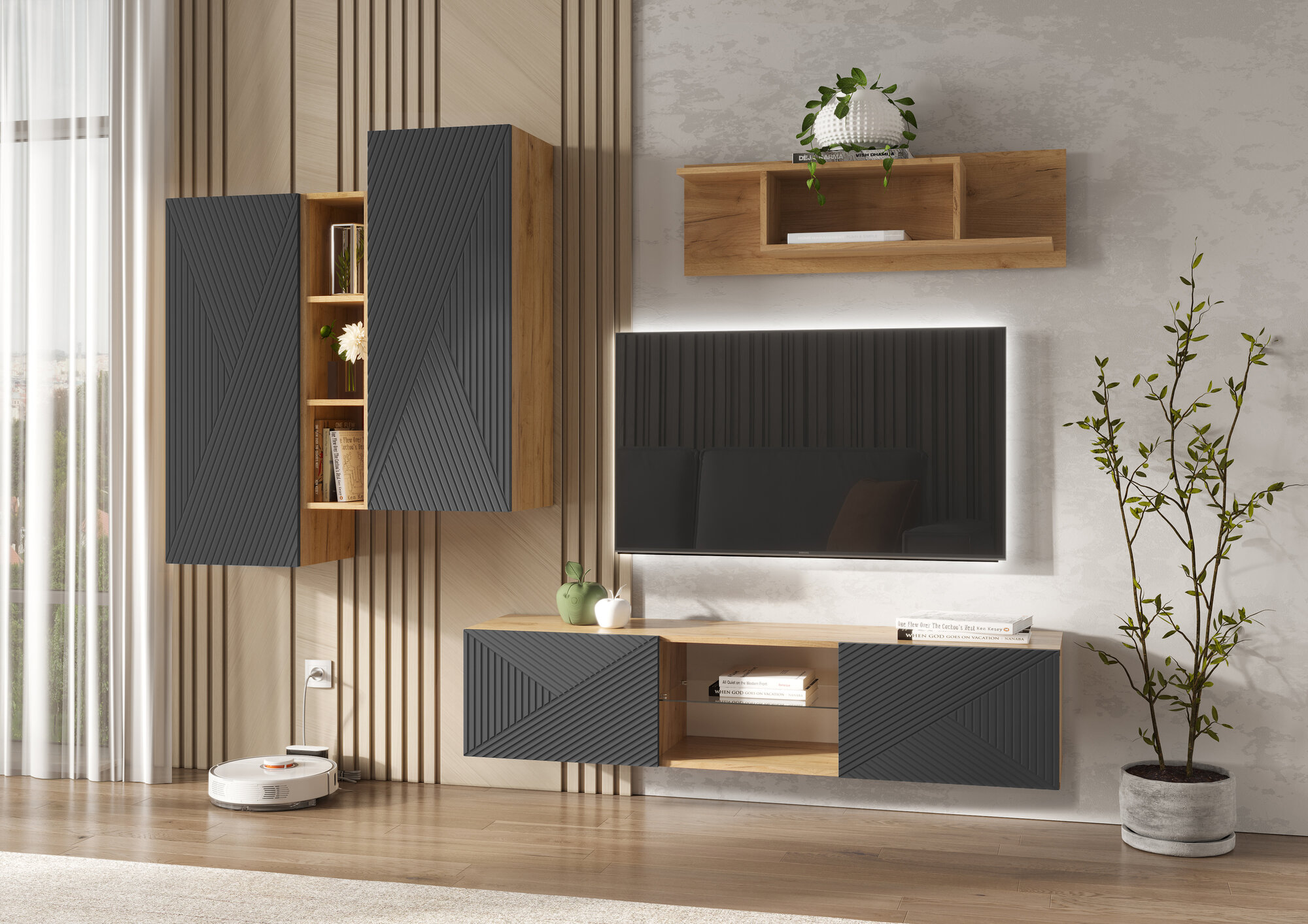 Гостиная стенка Миф Флэш МДФ Комплект №1 цвет Браш Графит/ Дуб крафт