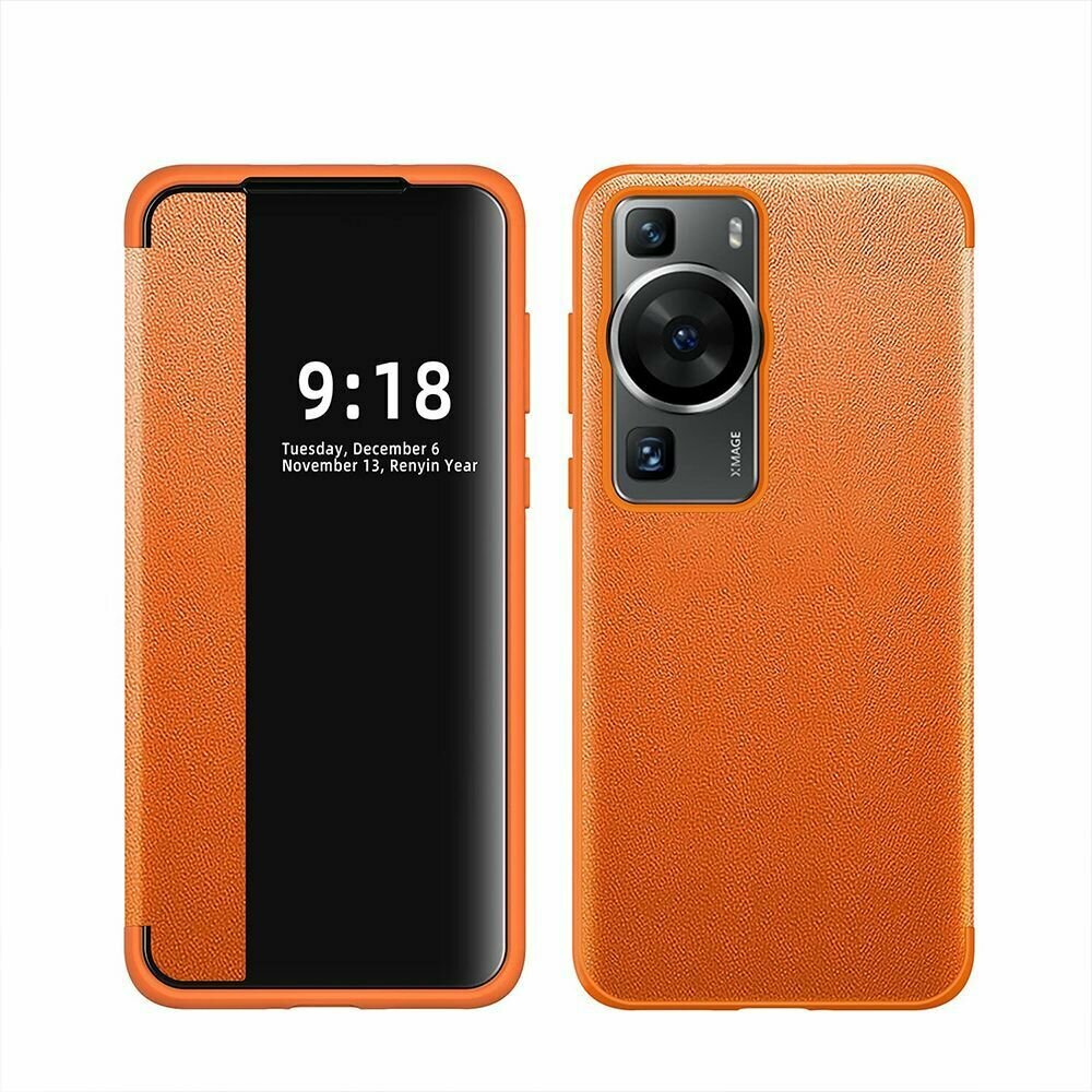 Флип-чехол для телефона для Huawei P60 Pro(Хуавей П60 Про)/Huawei P60, полупрозрачное смотровое окошко, онкий кожаный флип-чехол, тзащита от падения, противоударный защитный чехол, оранжевый