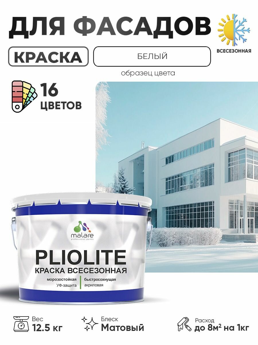 Краска-эмаль Pliolite всесезонная, зимняя, для всех типов поверхностей, антикоррозионная, RAL 9003, белый, матовая, 12,5 кг.