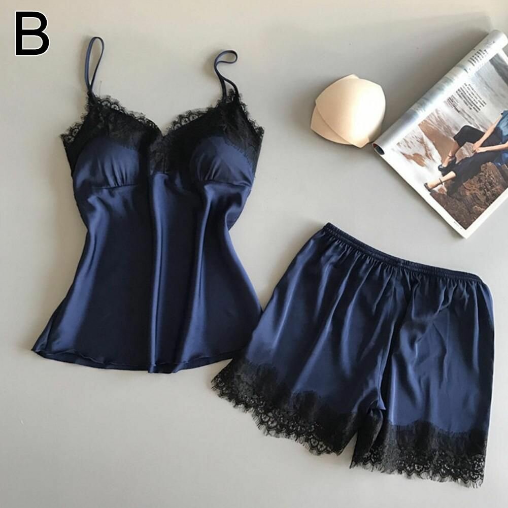 1 комплект женской сексуальной шелковой пижамы, кружевное платье без рукавов с V-образным вырезом и шортами
