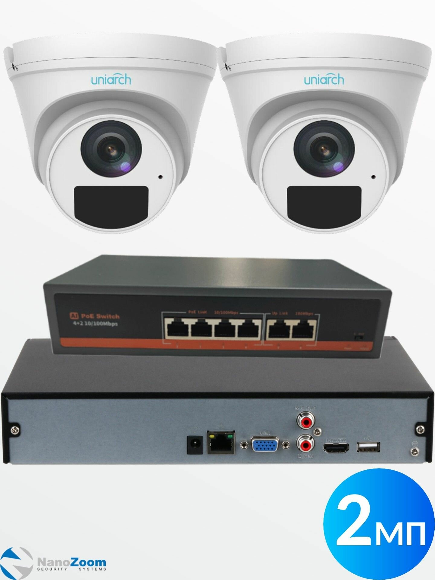 Комплект видеонаблюдения Uniarch 2 купольных IP-камеры 2Мп + Dahua NVR-видеорегистратор 4 канальный + коммутатор ИИ с 4 PoE
