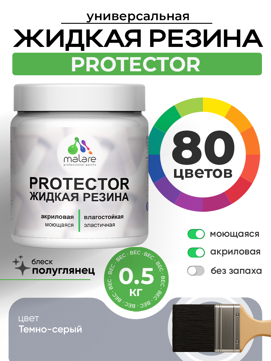 Жидкая резина Malare PROTECTOR, эластичная резиновая краска для внутренних и наружных работ, универсальная для дерева, бетона, металла, быстросохнущая, влагостойкая, полуглянцевая, темно-серая, 0.5 кг