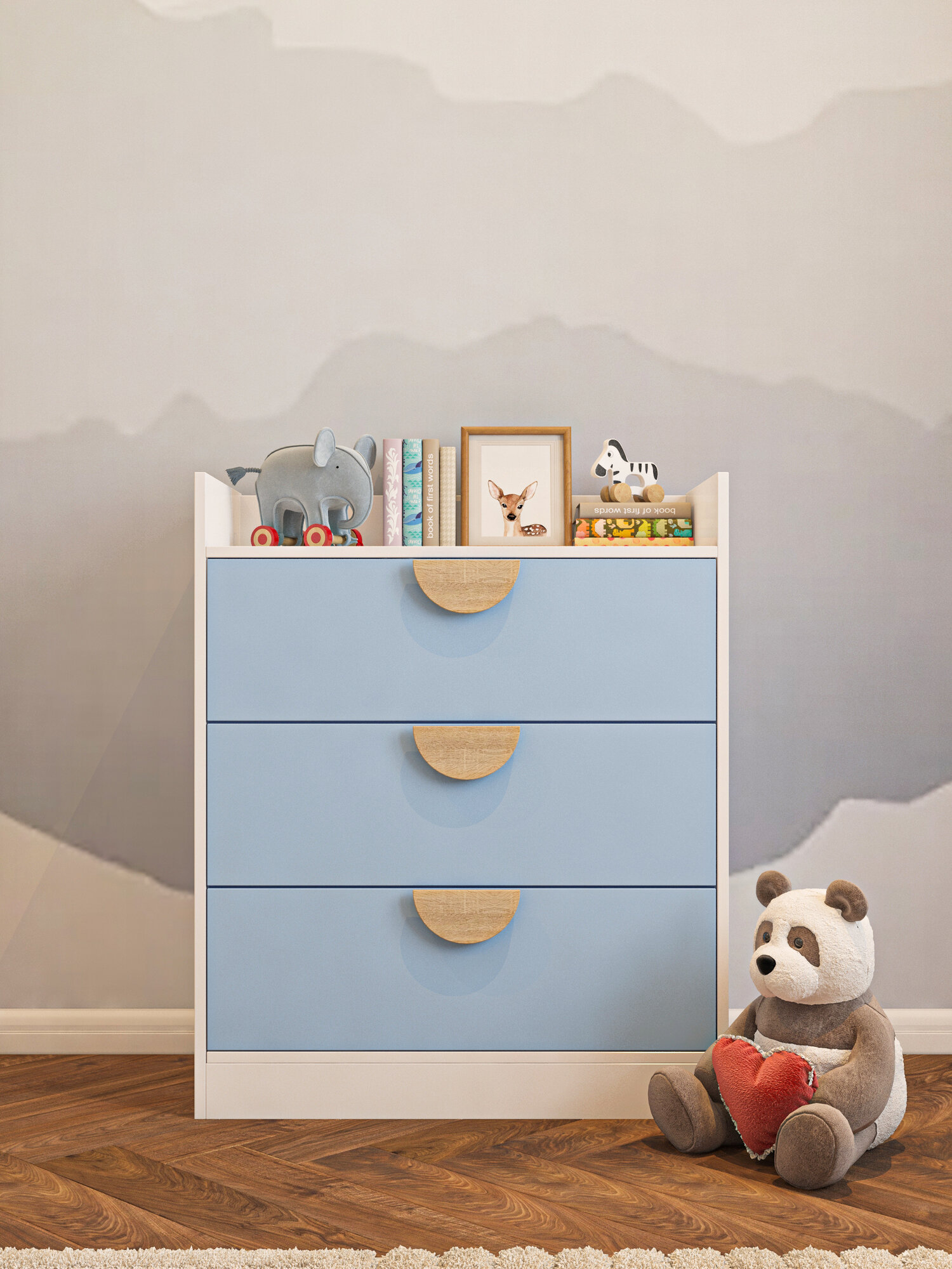 Комод детский Львиная семейка с 3 ящиками, Монтессори, голубые фасады, деревянная ручка