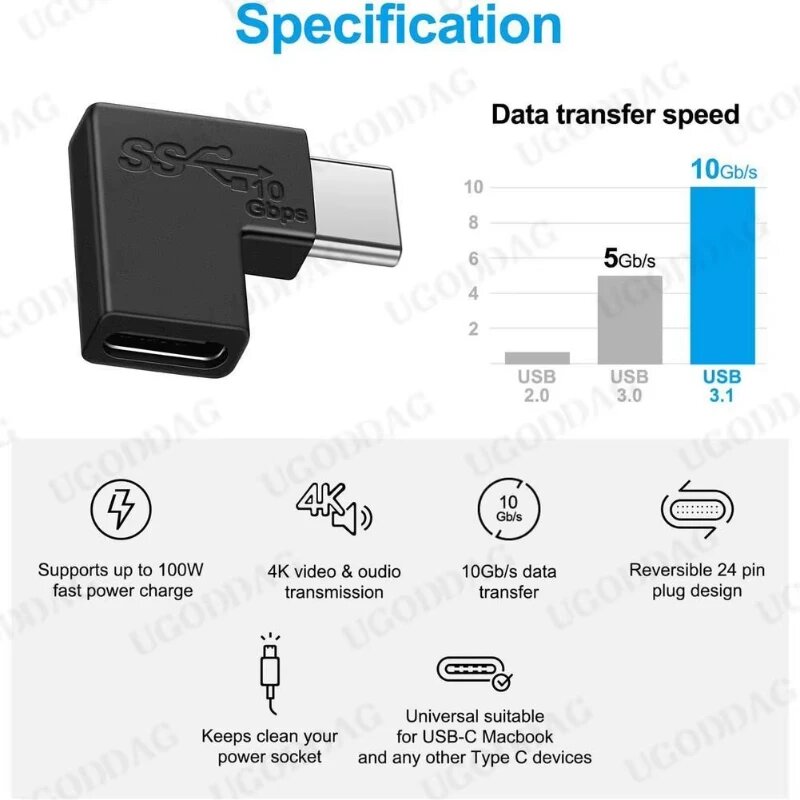 90-градусный прямоугольный USB-адаптер типа C «папа-мама» USB-C для смартфона, ноутбука, скорость 10 Гбит/с, быстрая зарядка — фото 1