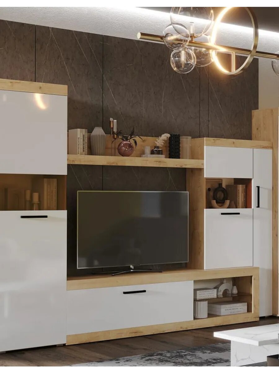 Гостиная комплект Бастон, шкаф, тумба под телевизор, настенная полка, с ящиками, со штангой, 371.2х40х200 см, Дуб Вотан / Белый глянец