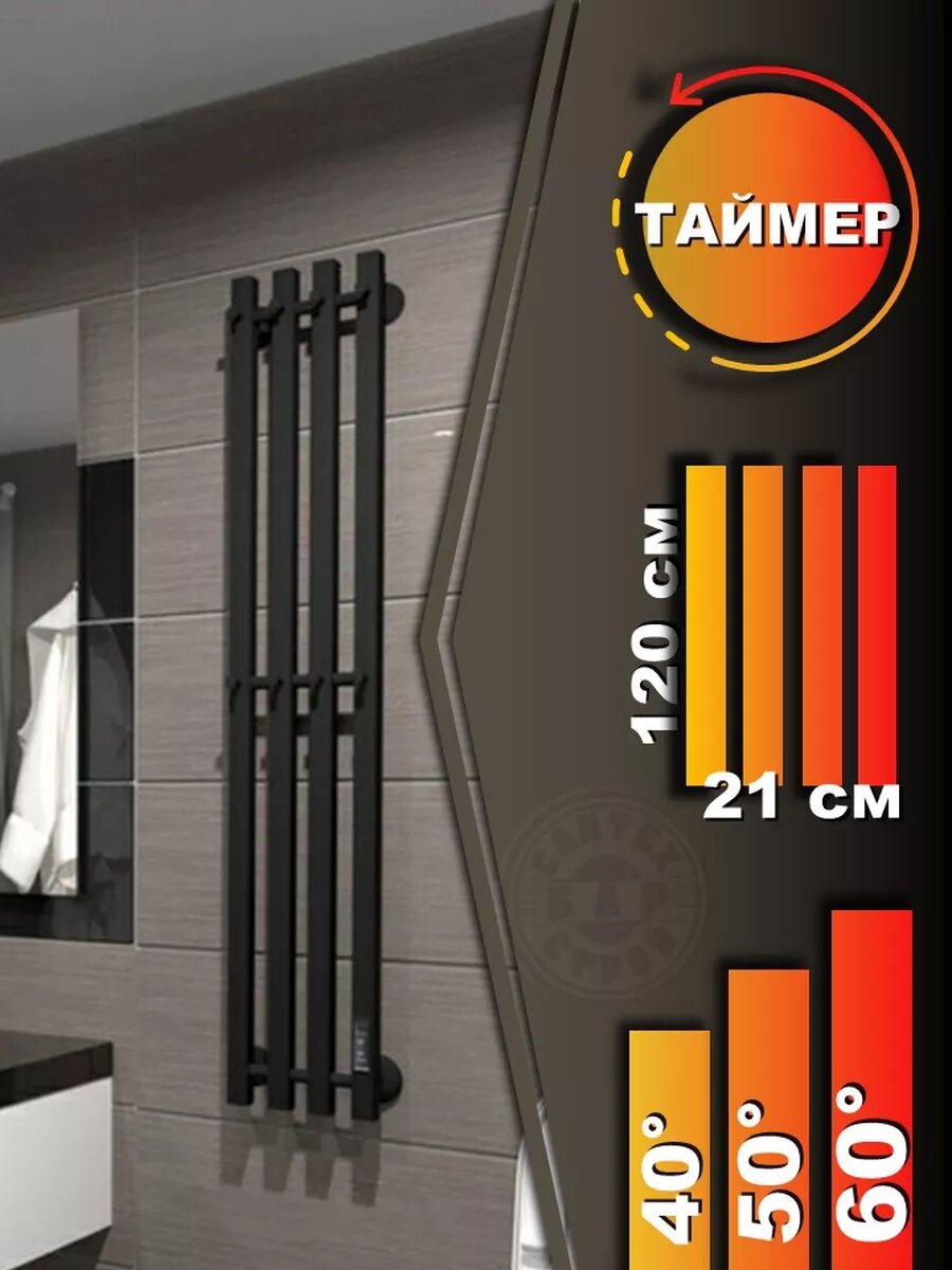 Электрический полотенцесушитель Маргроид inaro, вертикальный, с крючками, терморегулятор, таймер, сухой ТЭН, цвет черный