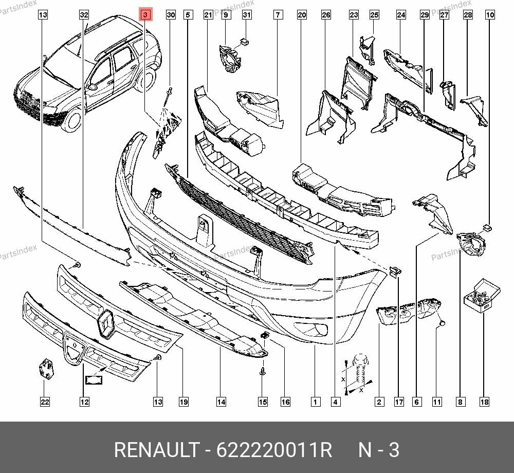 Кронштейн передний бампера правый DUSTER 10, RENAULT 622220011R