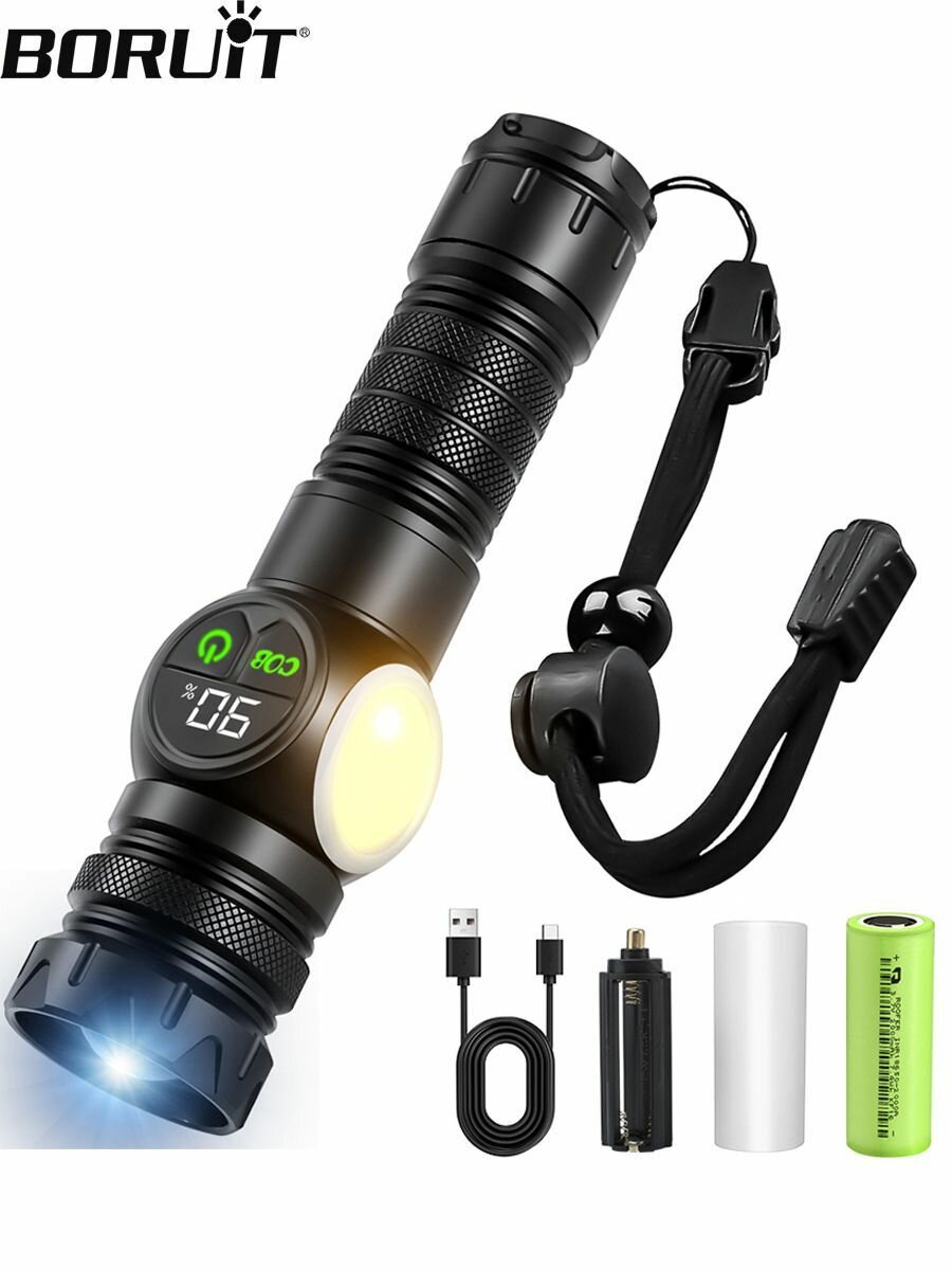 Яркий фонарик BORUiT 1000LM, аккумулятор 18650/26650