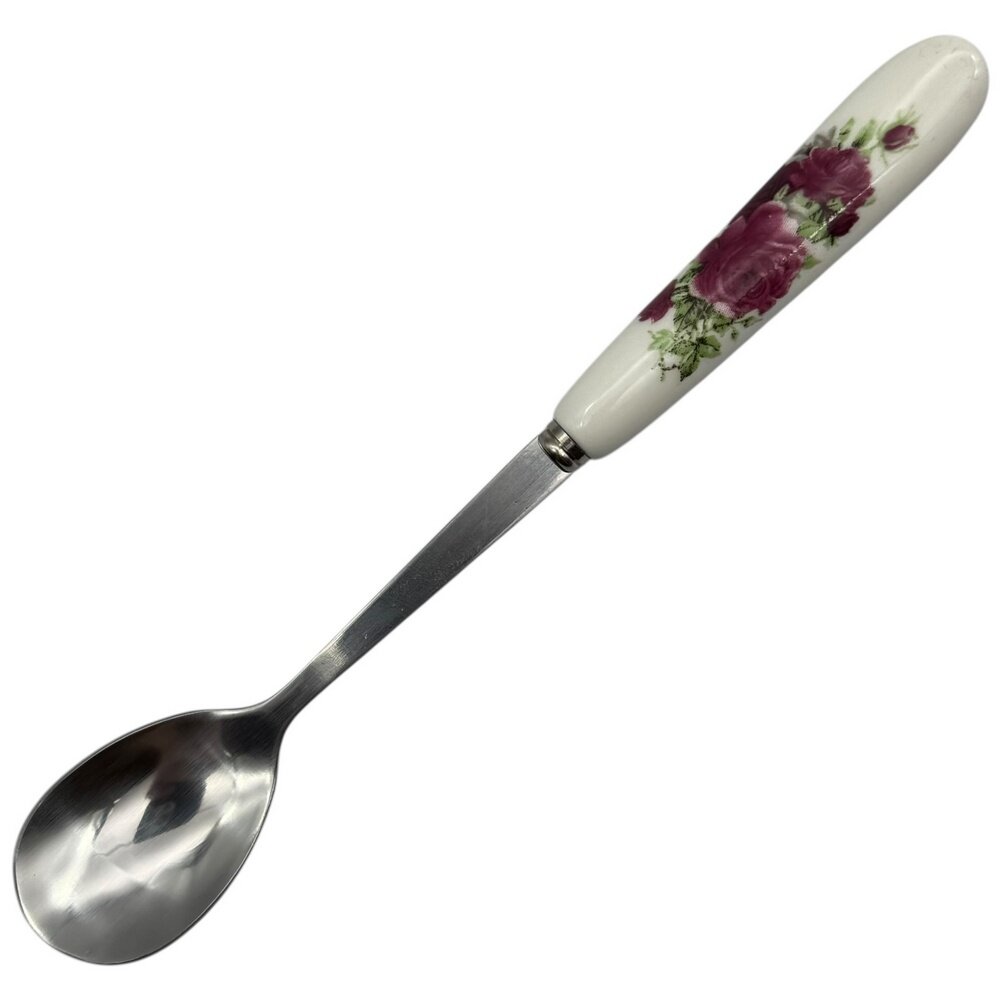 Ложка для кодлера (чайная) "Цветочная", 16 см, фарфор, сталь, 1980-1990 гг, Grace Teaware, США (5)