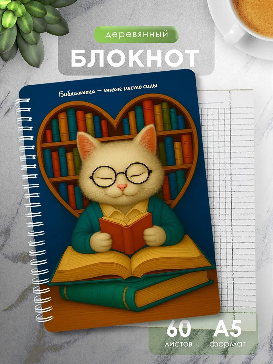 Блокнот деревянный Wood-Book, а5, с принтом Библиотекарю