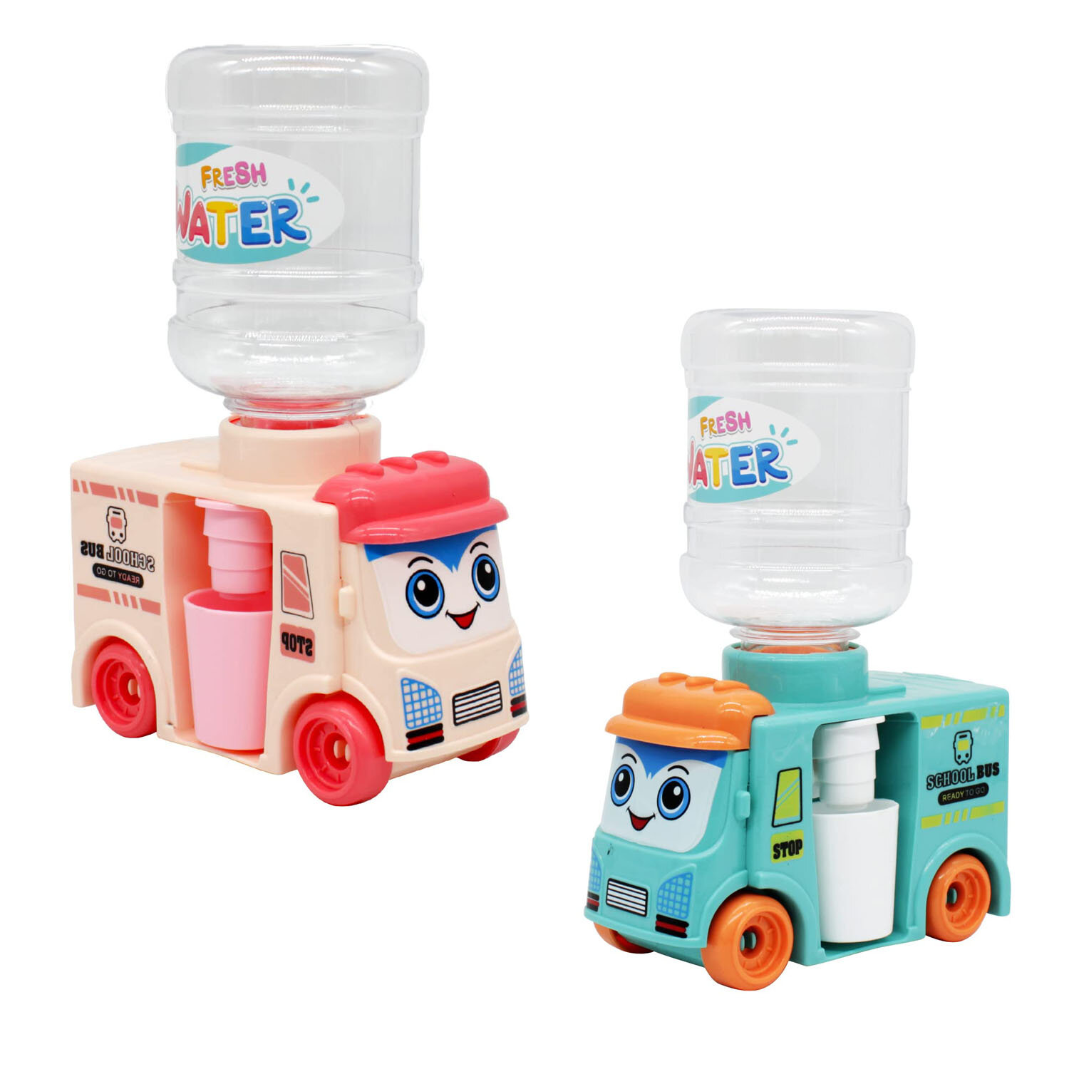 Игрушка мини-дispensers воды школьный автобус для детей 0-3 лет мальчики и девочки (1 порошок 1 синий), 2 штуки, материал ABS, вмещает воду сок молоко напитки, стаканы хранятся в отсеке автобуса, можно использовать как самокатную игрушку, бутылка