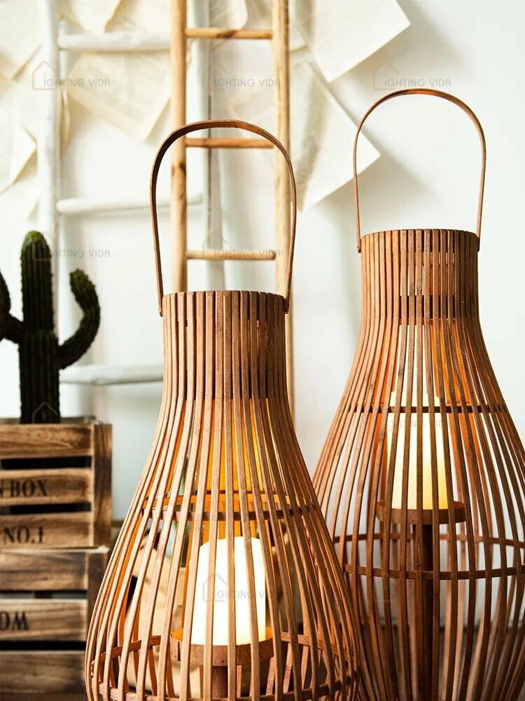 "Винтажный напольный фонарь - ручное плетение из бамбука в китайском стиле