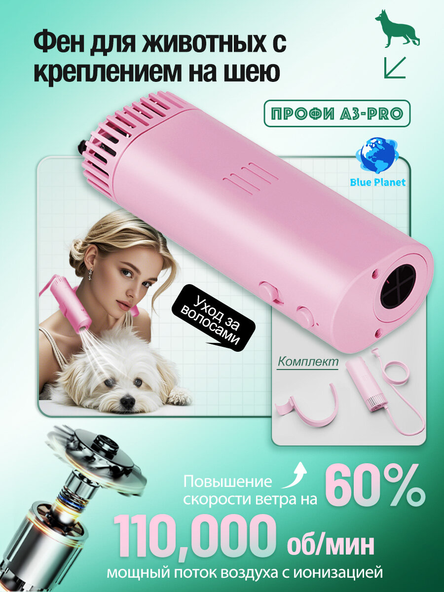 Фен для домашних животных - подвесной на шею портативный бесшумный вытяжной аппарат для вычесывания волос для собак быстрое высыхание красота, розовый