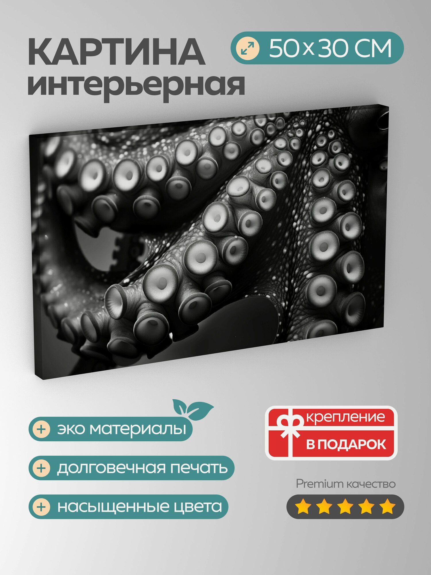 Картина на холсте интерьерная 50х30 см, черно-белая фотография, осьминог, крупный план, макрообъектив, детализация