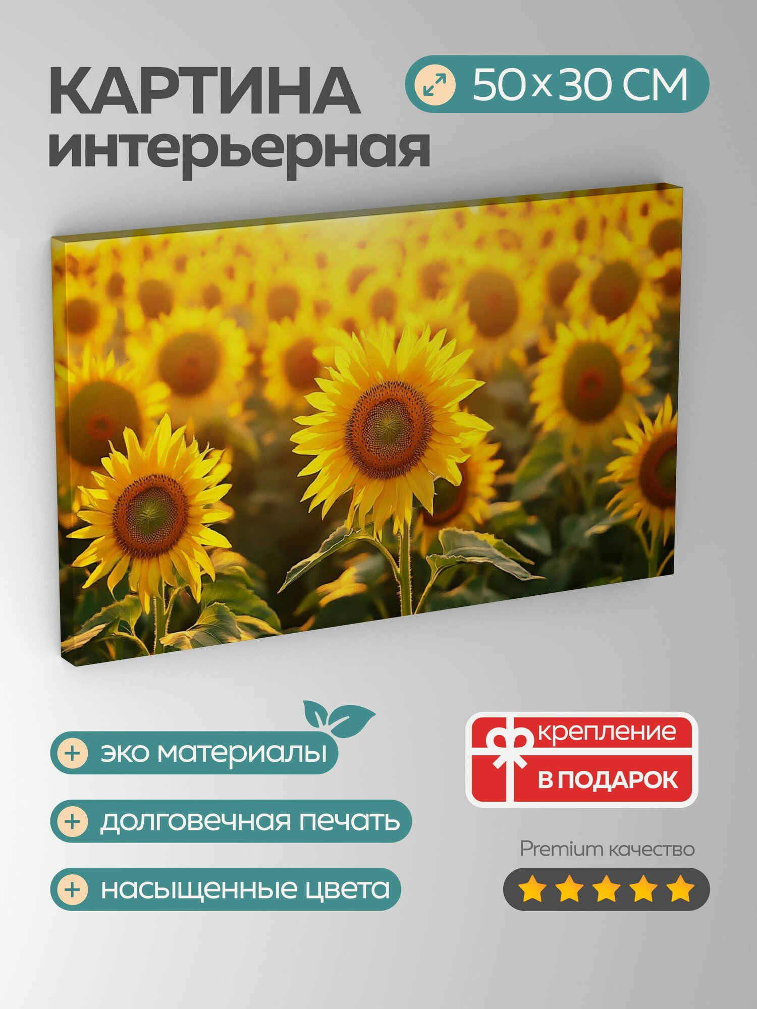 Картина на холсте интерьерная 50х30 см, подсолнечник, поле, масляная картина, золотистый свет, желтые оттенки, реализм