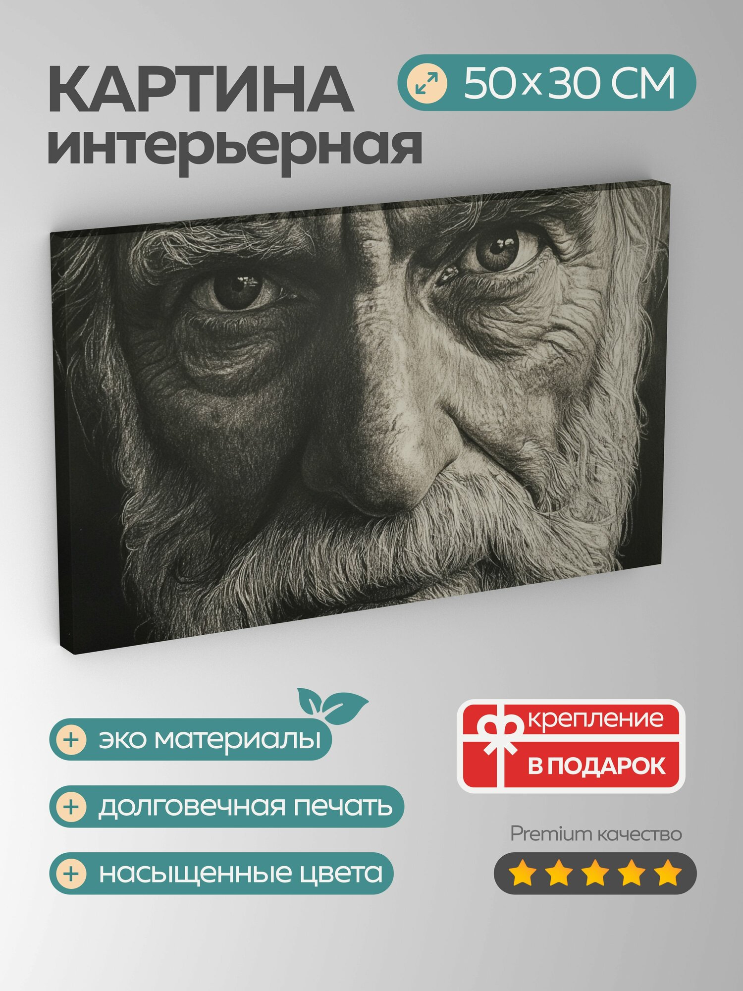 Картина на холсте интерьерная 50х30 см, Рисунок, уголь, старец, мудрость, опыт, лицо, контуры, детальность, эстетика