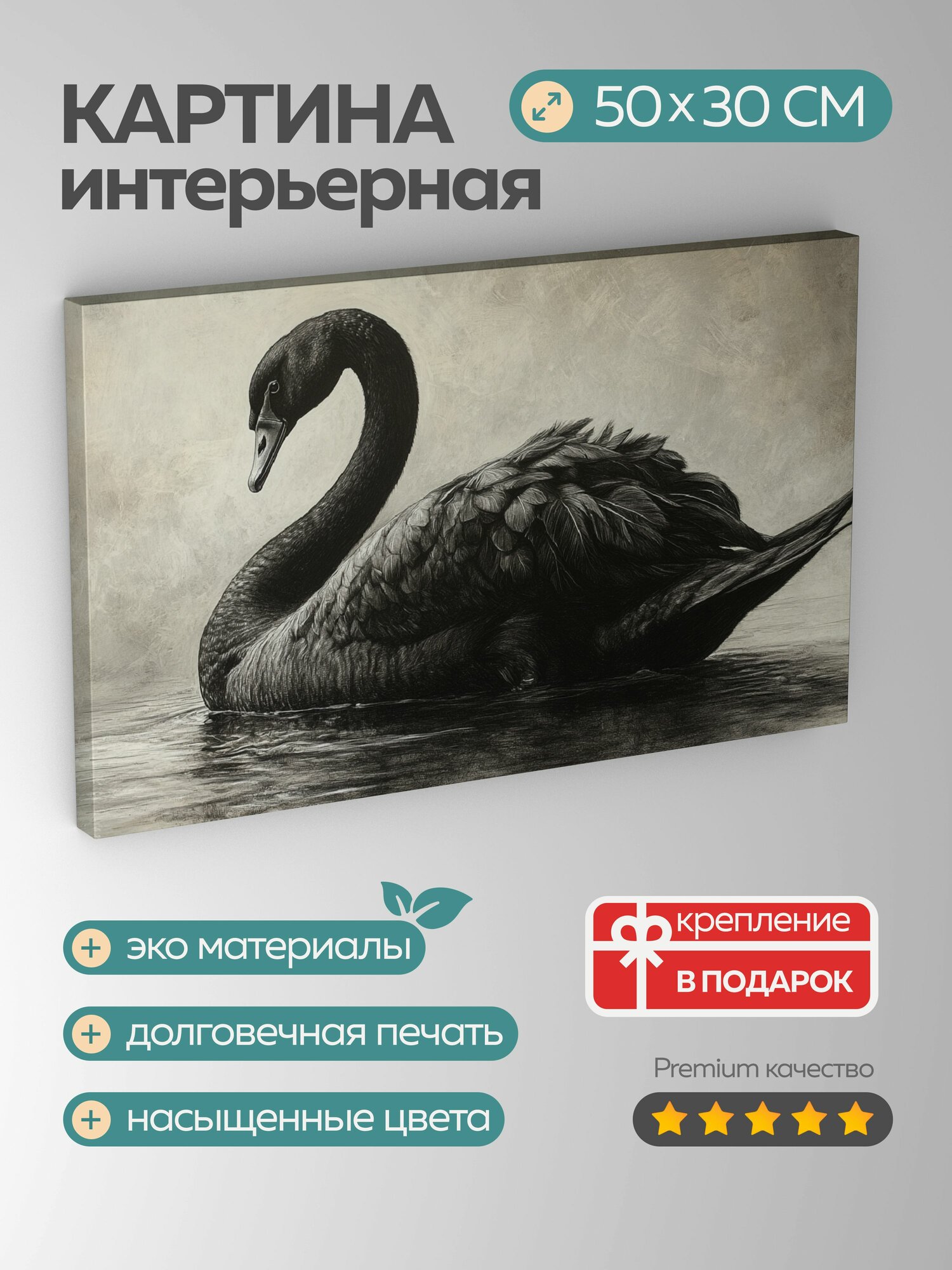 Картина на холсте интерьерная 50х30 см, Черный лебедь, уголь, растушеванные перья, грация, элегантность, мягкие тонов