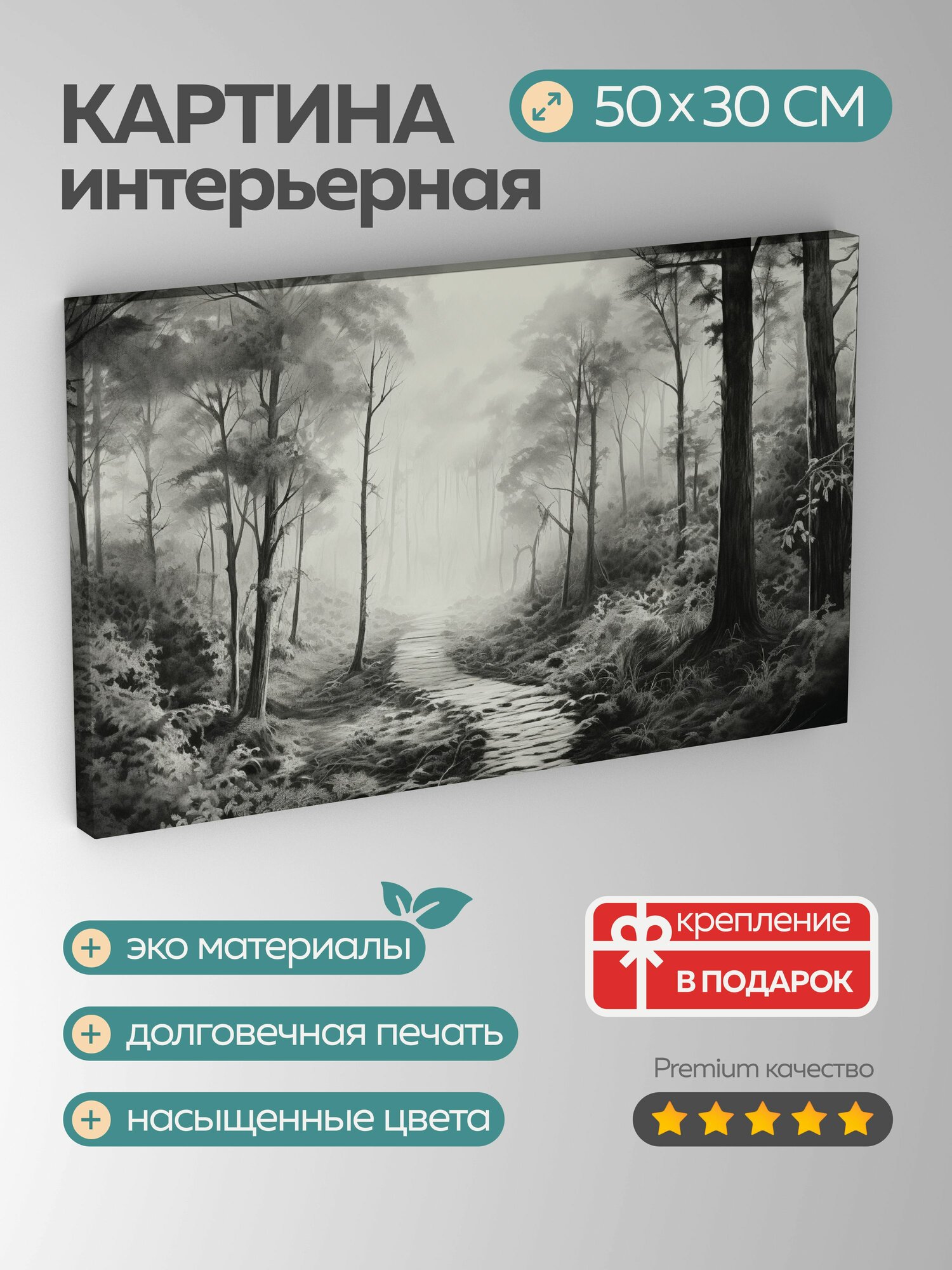 Картина на холсте интерьерная 50х30 см, черно-белая фотография, густой лес, высокие деревья, навес над головой