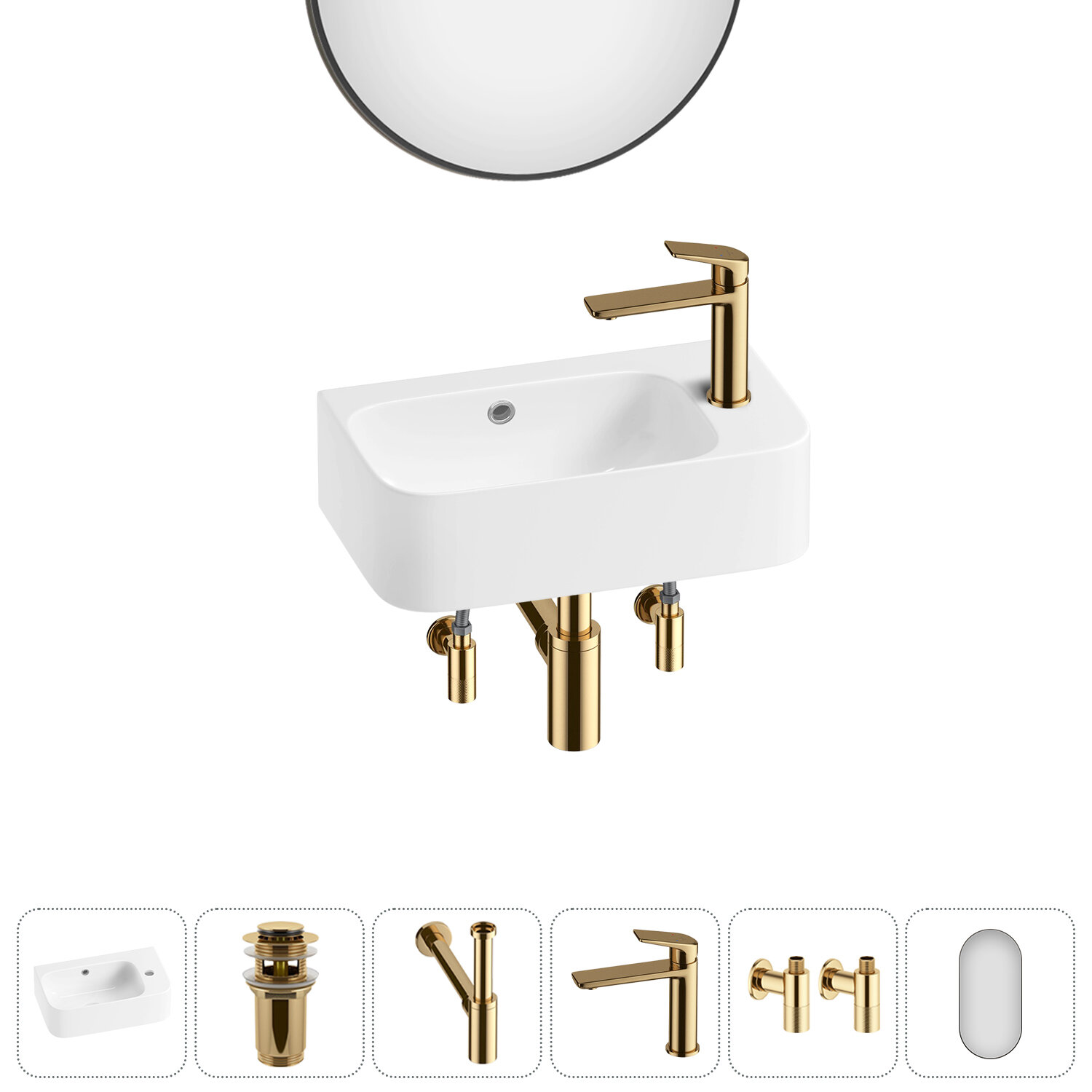 Подвесная или накладная раковина в ванную комнату Lavinia Boho Bathroom Sink 20219837R в наборе 6 в 1: раковина 45 см в цвете белый глянец, донный клапан, сифон, смеситель, вентили, зеркало