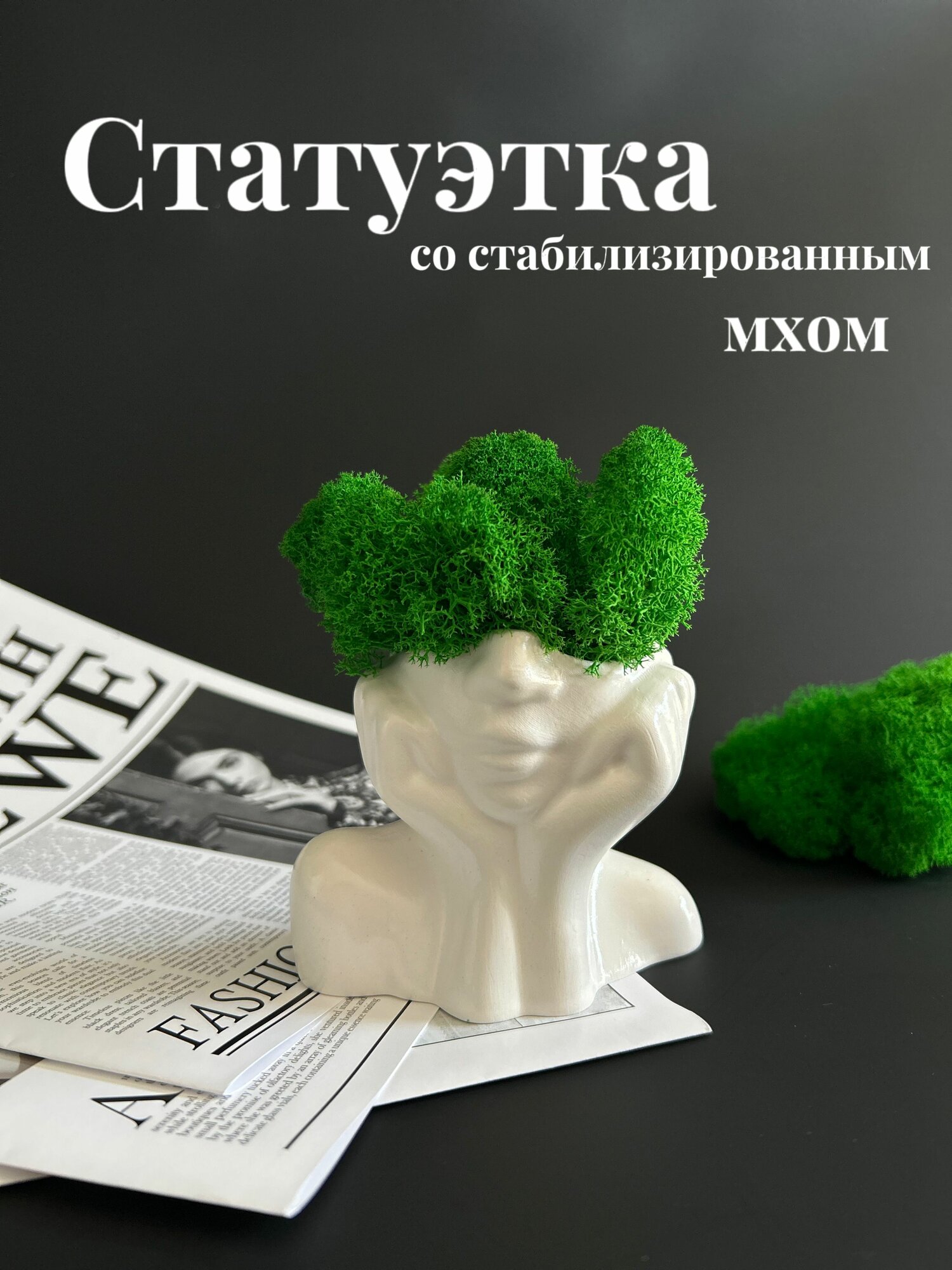 Статуэтка белая из гипса со стабилизированным мхом для интерьера, Ваза для сухоцветов и цветов, Кашпо голова девушки.
