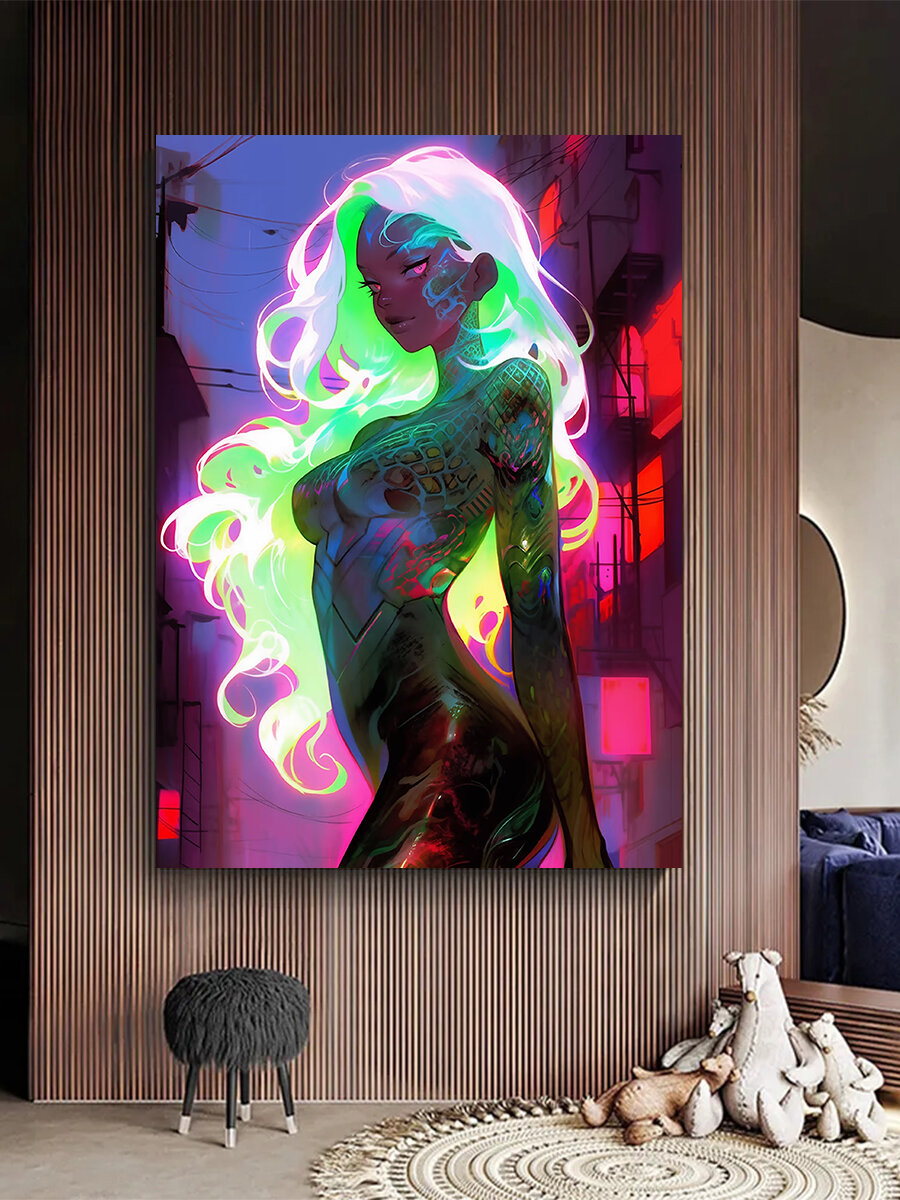 Картина на стену для интерьера - "Девушка аниме хентай неон" , 20х30 см.