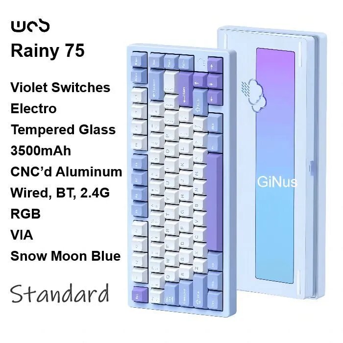 WOB Игровая клавиатура беспроводная Rainy75 Standard, SnowMoonBlue, RGB, VioletSwitches, Electro, Английская раскладка, лазурный, синий