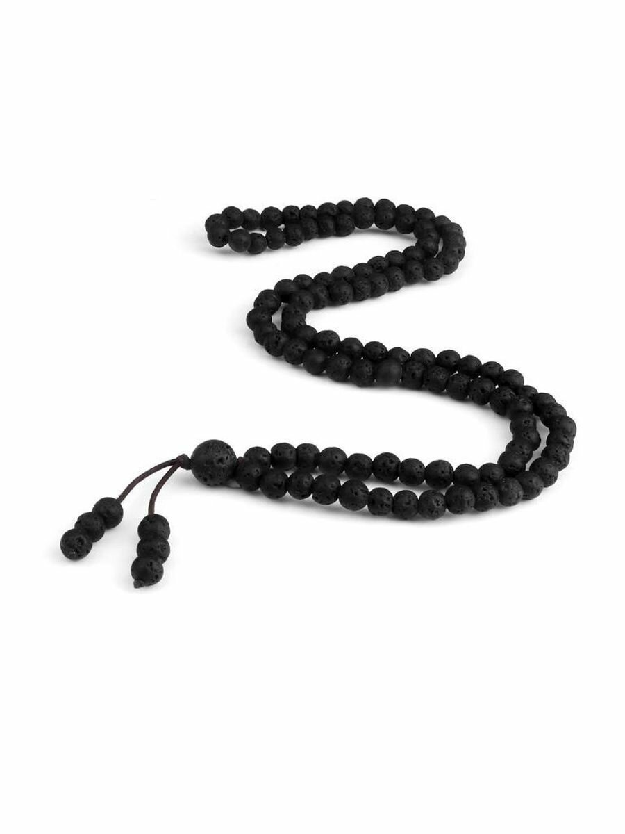 Четки мала буддийские эластичные из вулканического лавового камня 108 бусин + 1 в середине + 6 на концах. Бусины пористые, черные матовые
