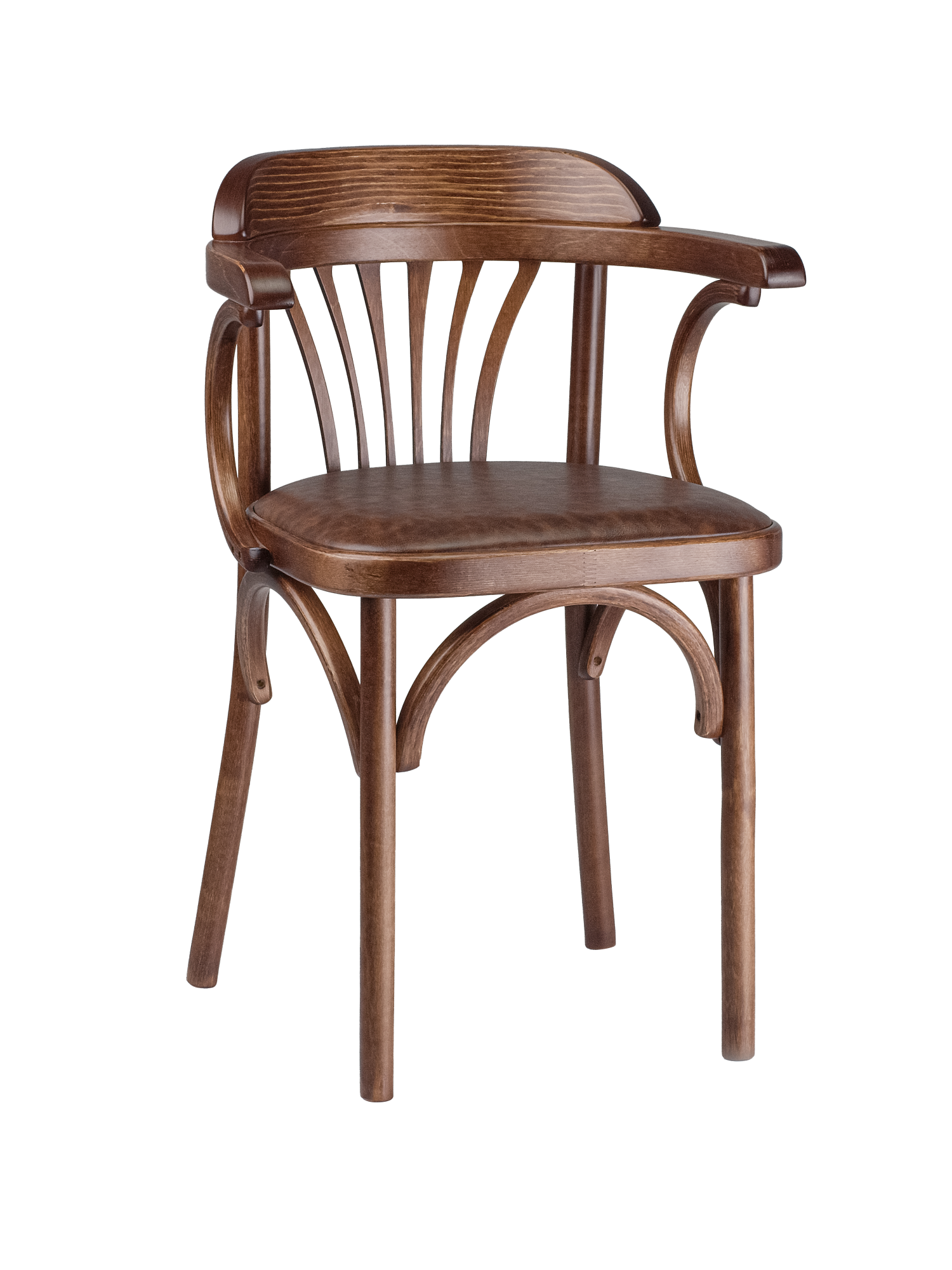 Деревянный стул Венский с мягким сиденьем, дуги назад, средний тон, экокожа средне - коричневая