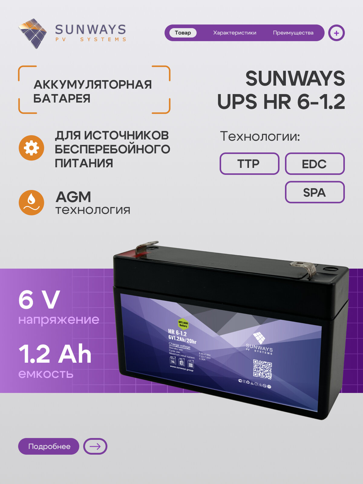 Аккумулятор для ИБП SUNWAYS UPS HR 6-1.2, Аккумулятор для ИБП