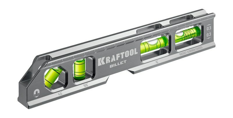 Уровень строительный 20см Kraftool 34790 BILLET, 8 в 1, точность 0.3мм/м, 4 глазка, брусковый магнитный