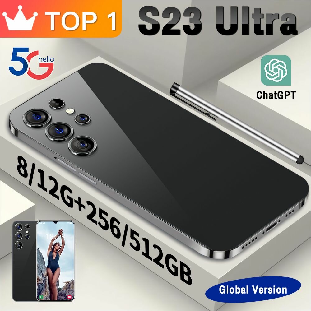 2023 андроид телефон с Официальный флагманский магазин Global Edition S23 Ultra 7.3 дюйма телефоны смартфоны, OTGаккумулятор 7800 мАч, 108-мпиксельная камера