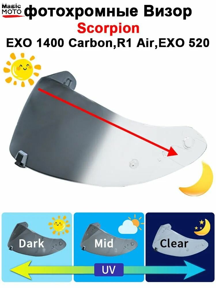 Фотохромный визор для шлемов Scorpion EXO-1400 Carbon, R1 Air, EXO-520 — сменный затемняющий визор с защитой от УФ