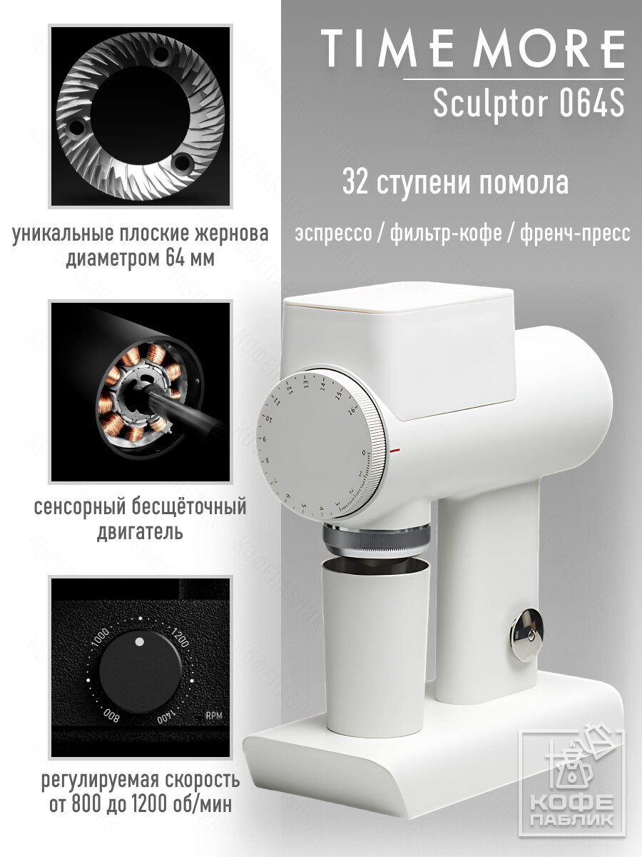 Кофемолка электрическая Timemore Sculptor 064S (espresso & filter), белая