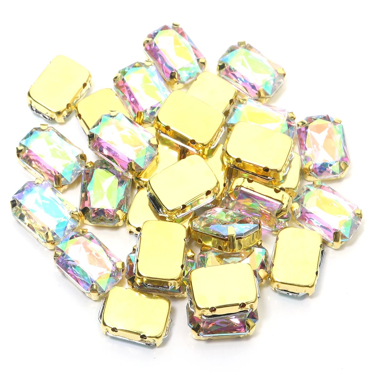 Стразы акриловые 10x14 мм, White AB, золотой когтевой кант, 30 шт.