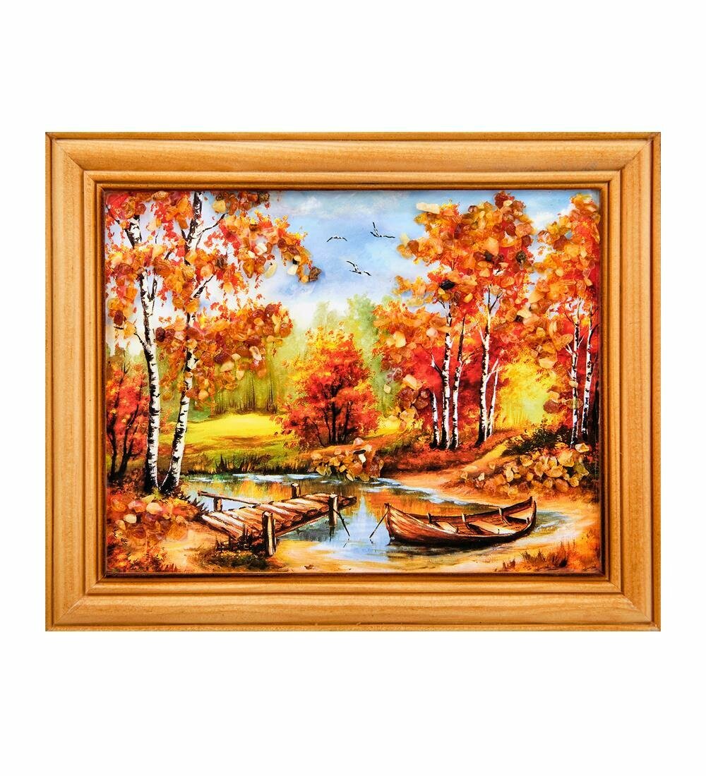 Картина "Лодка на озере" (с янтарной крошкой) дер. краш. рамка 12х15 A2181846