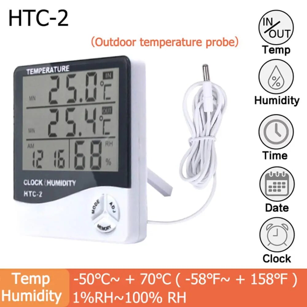 Термогигрометр HTC-2 с датчиком наружной температуры, часы