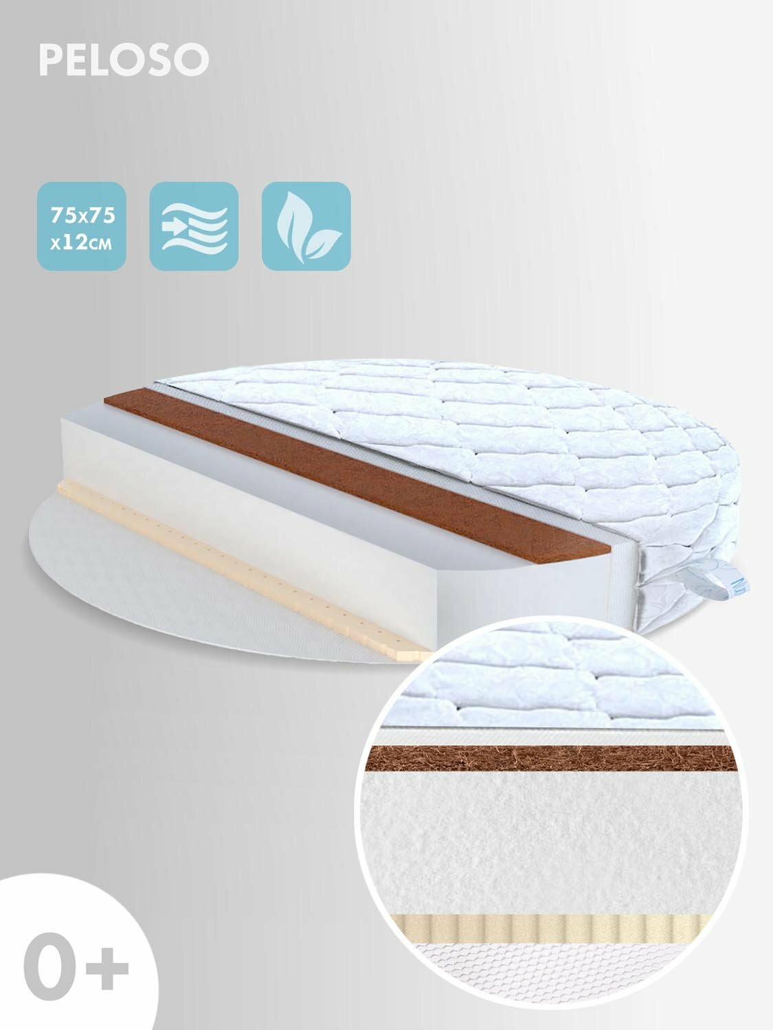 Матрас Nuovita круглый "Peloso", ортопедический, беспружинный, 75x75 см