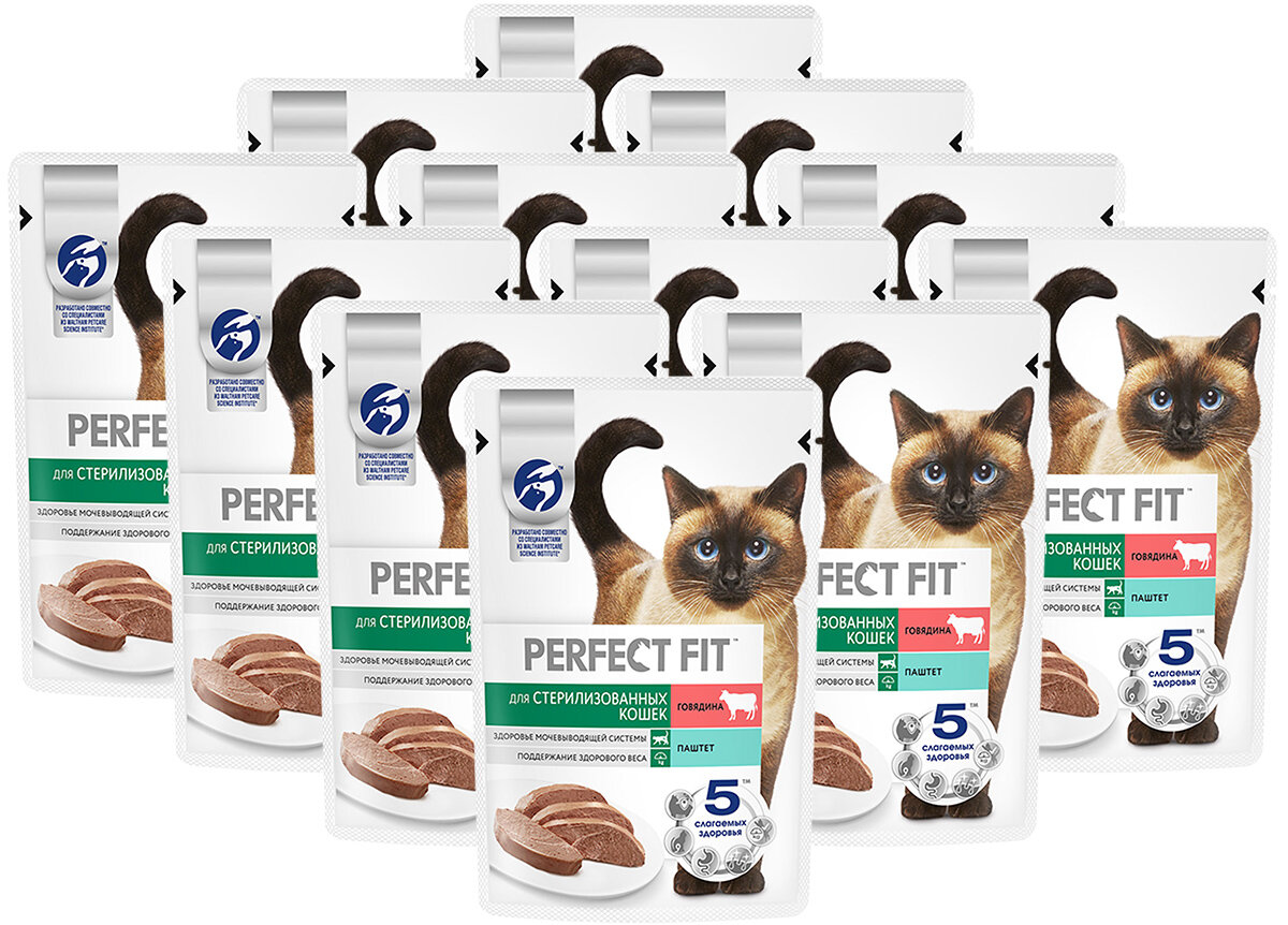 Влажный корм Perfect Fit для взрослых кастрированных котов и стерилизованных кошек паштет с говядиной пауч, 75 г 12 шт