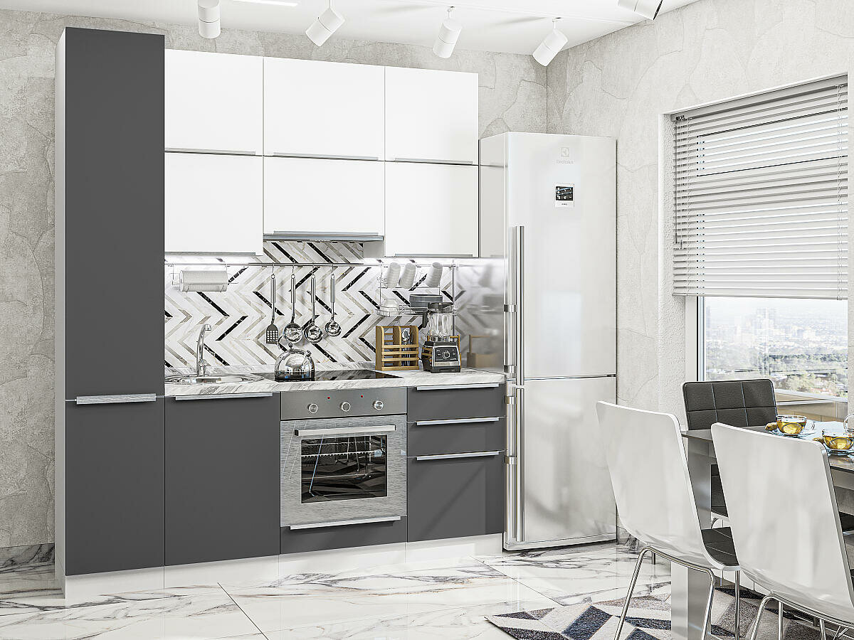 Кухня 2 метра Фьюжн-06, Готовый кухонный гарнитур без столешницы 2340*2000*600 Silky White, Stormy Silk