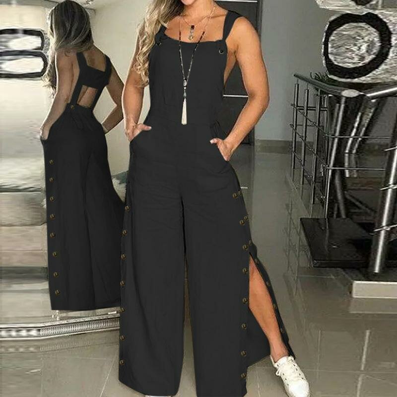 Женский винтажный комбинезон с открытыми плечами и разрезами на пуговицах с широкими штанинами