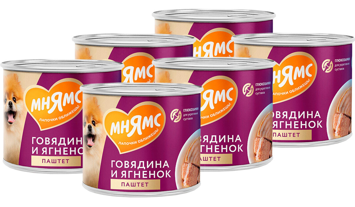Влажный корм Мнямс Здоровые Суставы для активных взрослых собак паштет с говядиной и ягненком банка, 200 гр х 6 шт