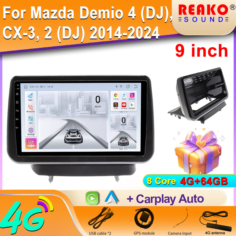 Магнитола для Mazda Demio 4 (DJ), CX-3, 2 (DJ) 2014-2024, с камерой заднего вида. IPS экран 9 дюймов, Wifi 2din с сенсорным экраном, usb и блютузом.