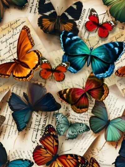 Ткань кулирка с диджитальным принтом Бабочки на газете 140г/м2