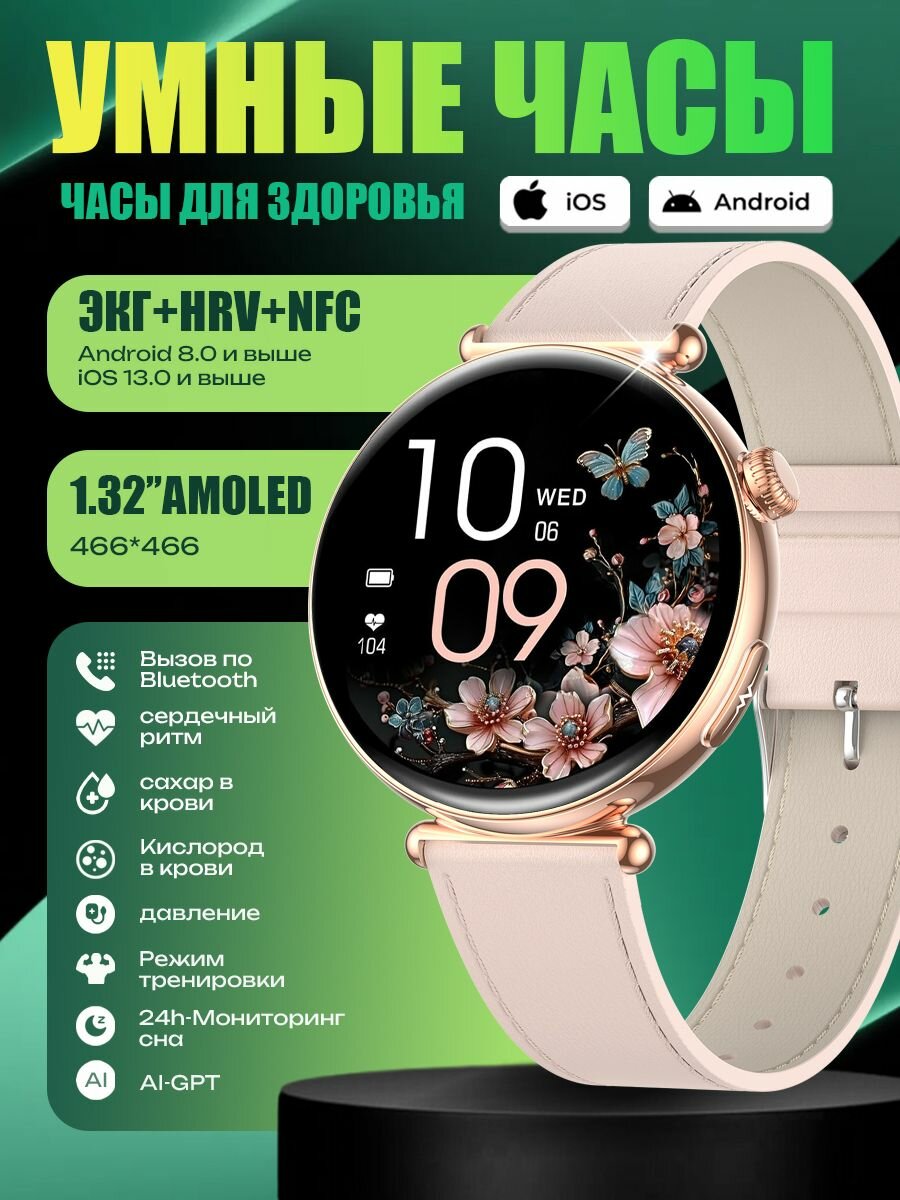 Cмарт часы женские круглые, Smart Watch Edition 2025, для айфон/андроид, электронные ЭКГ, сахар в крови,