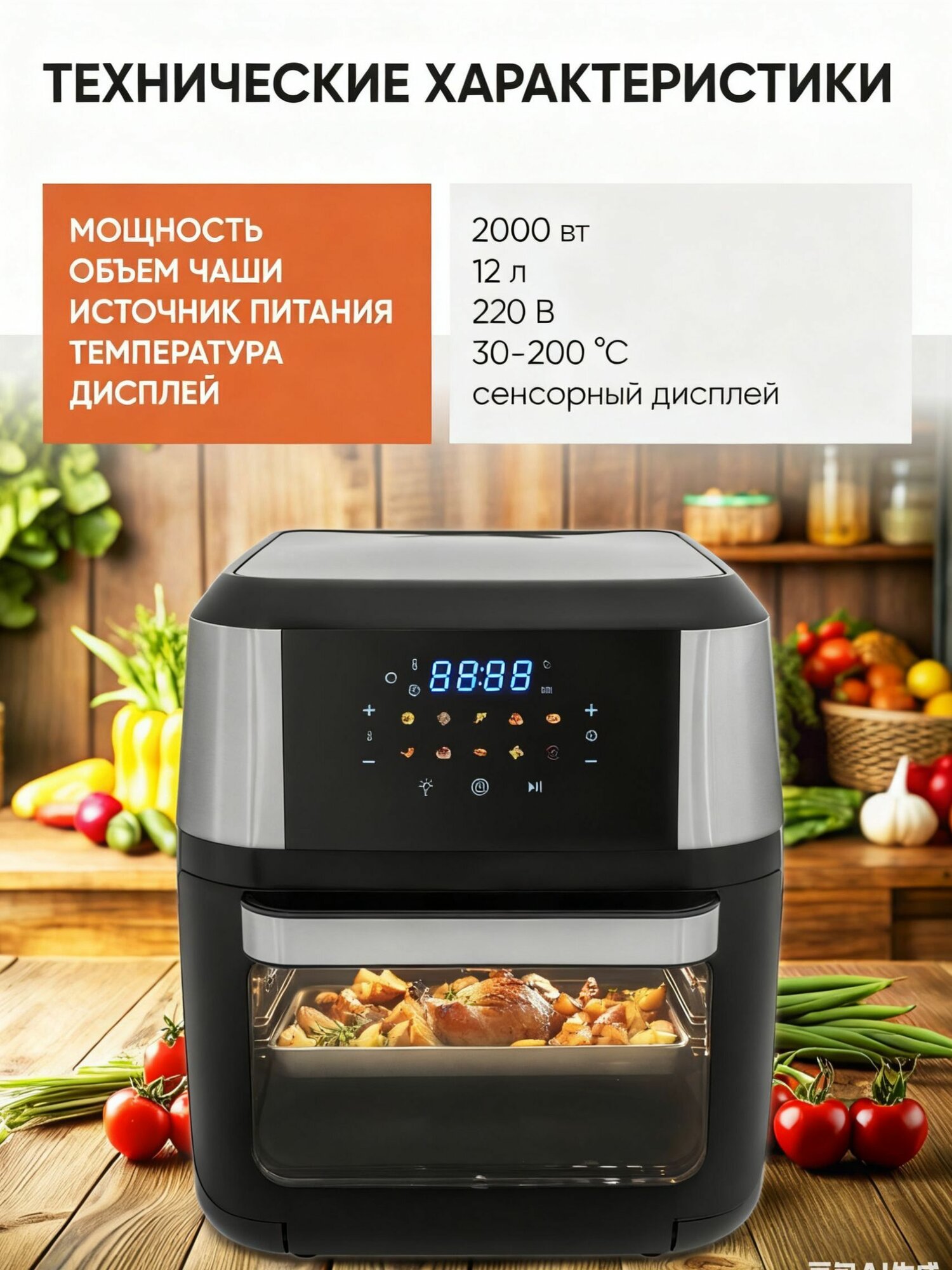 Аэрогриль 12 л с антипригарным покрытием, таймер на 90 минут, 10 программ, функции гриля, аэрофритюрницы, сушилки для фруктов и овощей, 1800 Вт, черный