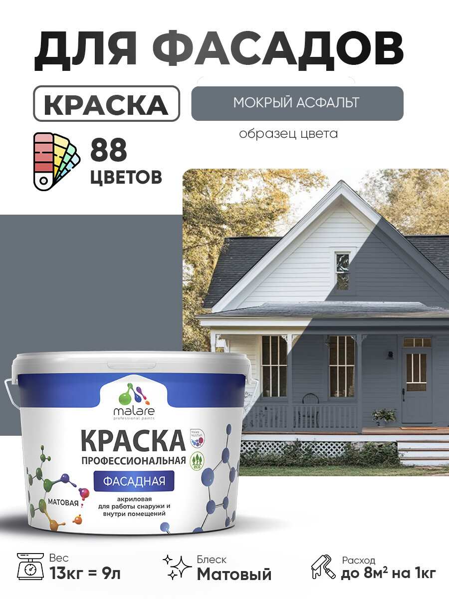 Краска Malare Professional фасадная по дереву, бетону и штукатурке, для камня и кирпича, без запаха, матовая, мокрый асфальт, (9л - 13кг)