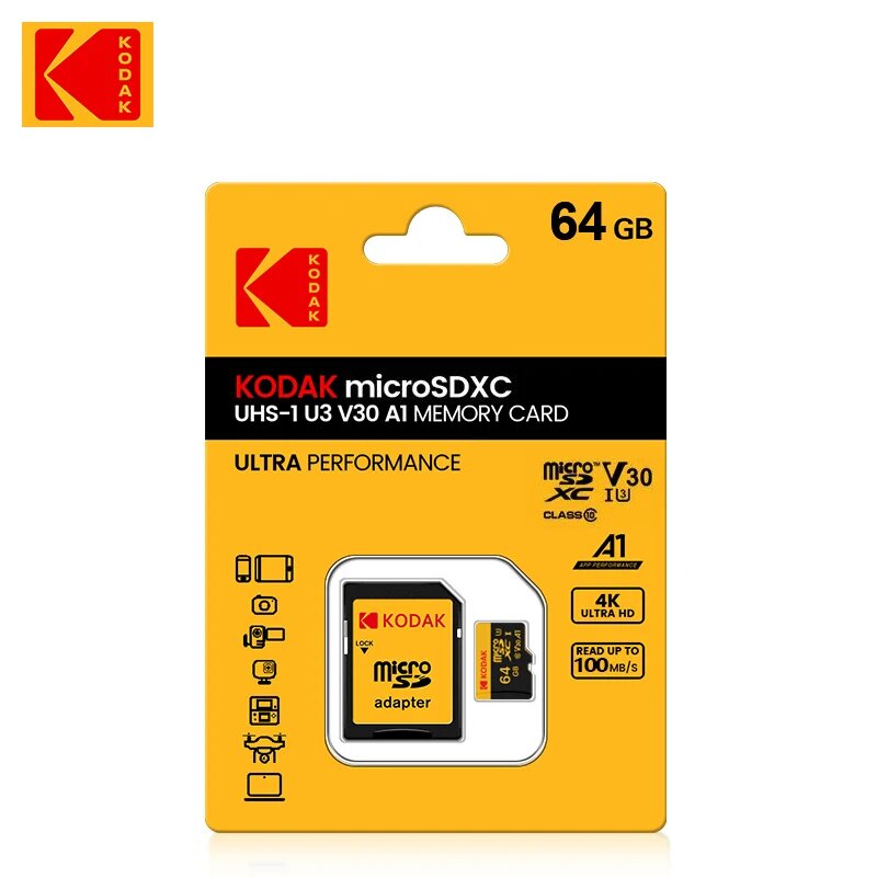 KODAK MicroSDXC 64GB UHS-I U3 V30 A1 карта памяти