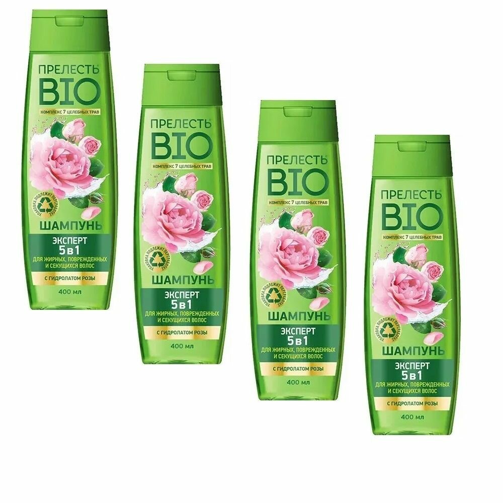 Шампунь Прелесть БИО, с гидролатом розы, 5в1, для поврежденных и секущихся волос, 400 мл, 4шт