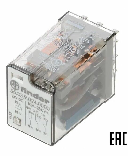 Реле промежуточное 55.33.9.024.0000 24В DC 10А 3 переключающихся контакта серия 55 Finder