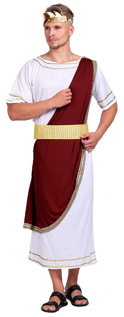 Костюм Цезаря - 2 взрослый (тога с накидкой, пояс, ободок), белый, бордовый полиэстер, размер 44-50